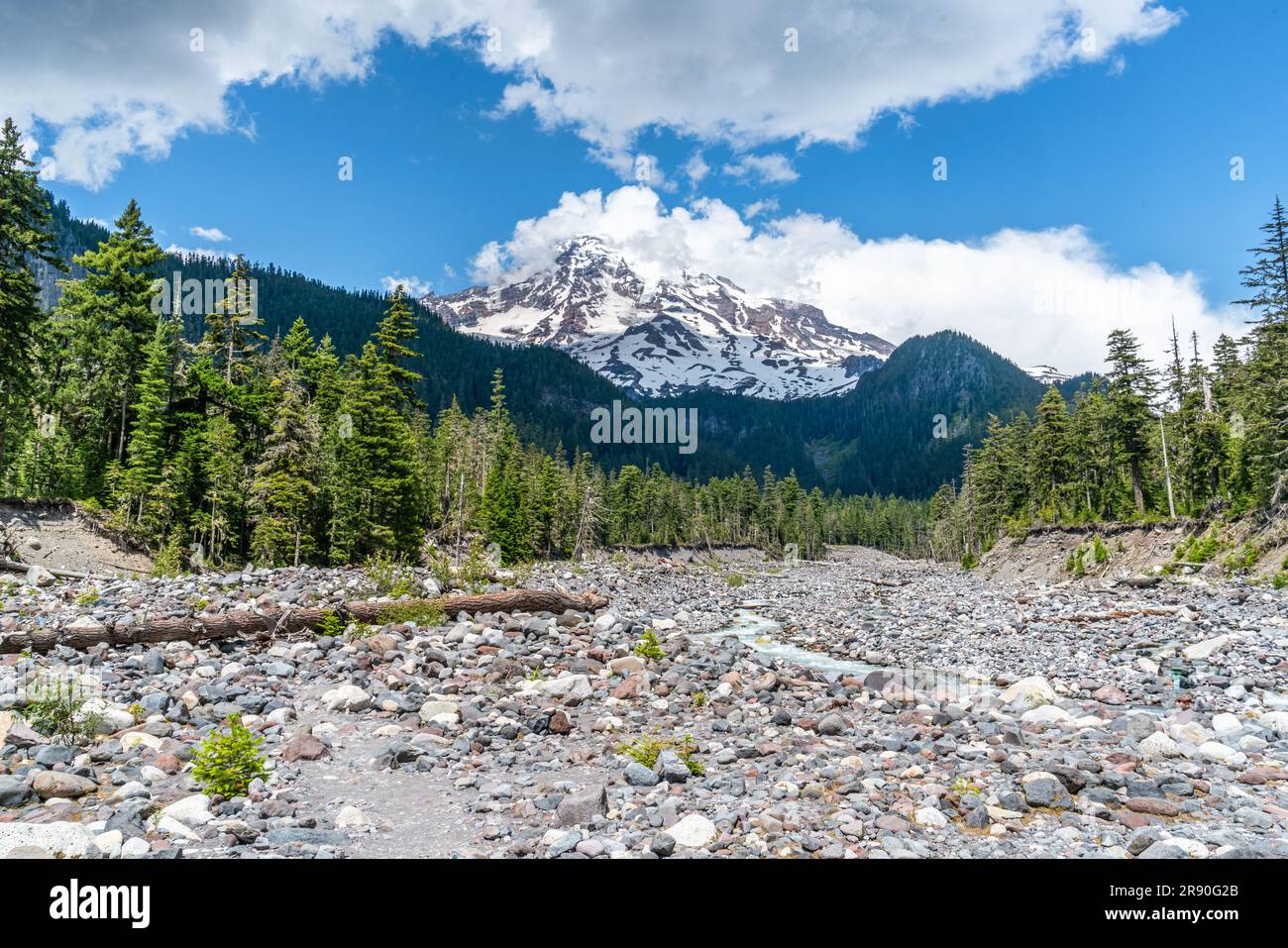 A view of riverbed rocks and Mount Rainier in Washington State Stock ...