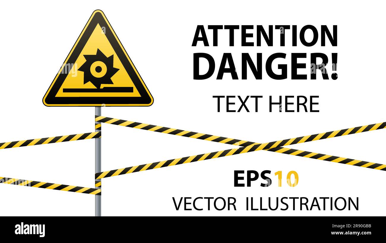 Caution, cutting shafts. Safety sign. Sign on pole with ribbons. Yellow ...