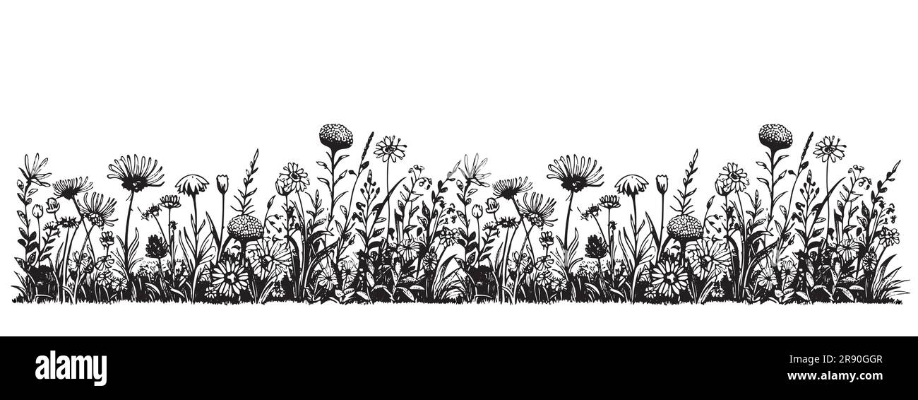 Field of wildflowers border sketch , hand drawn in doodle style ...
