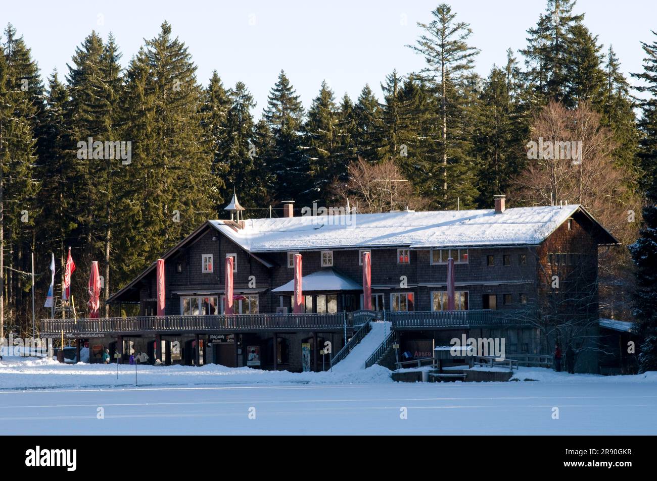 Restaurant, forest lake, Grosser Arbersee, frozen, Bavarian Forest ...