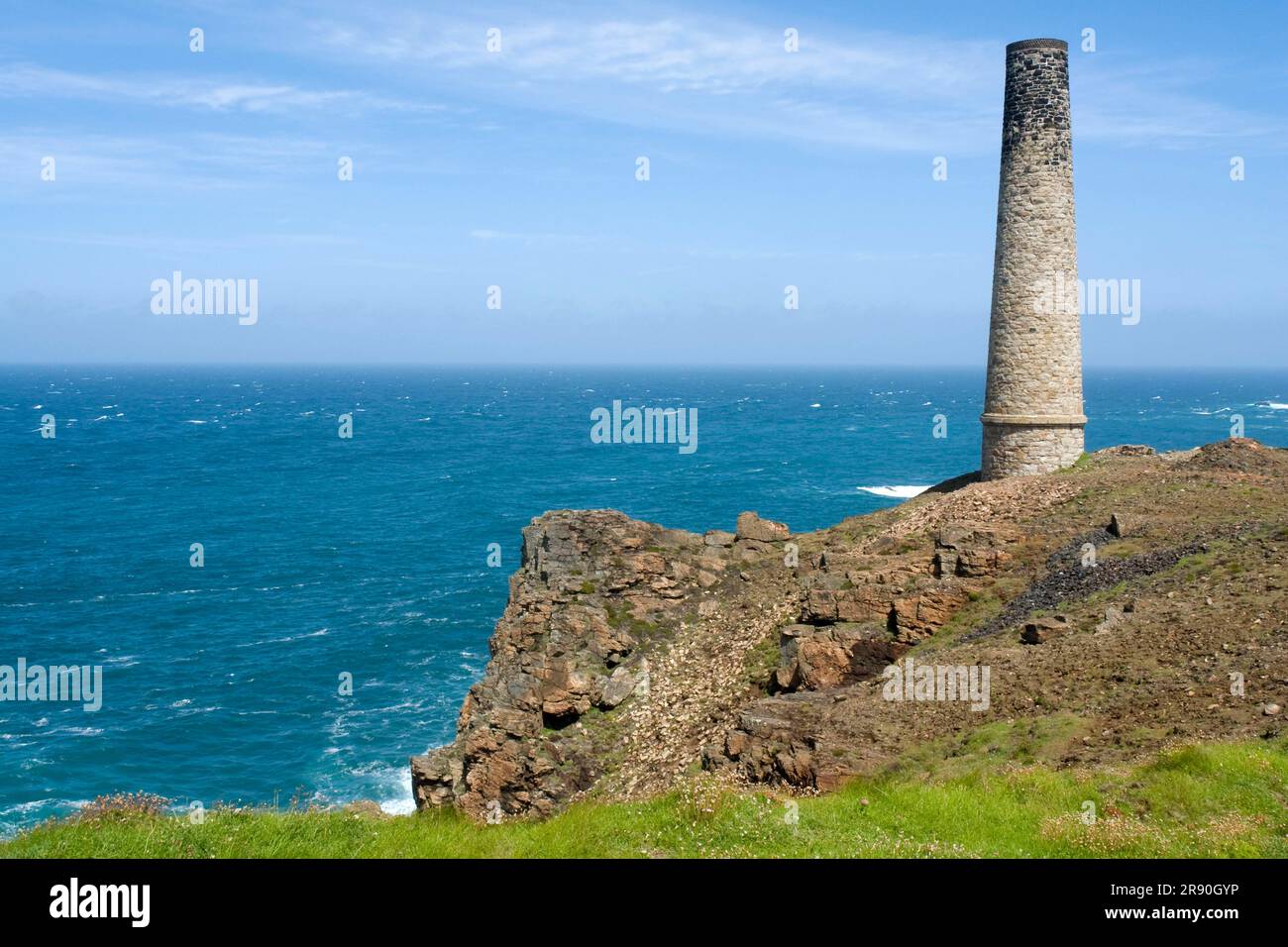 Chimney, former tin mine, St Just, Cornwall, England, Levant Mine Stock ...