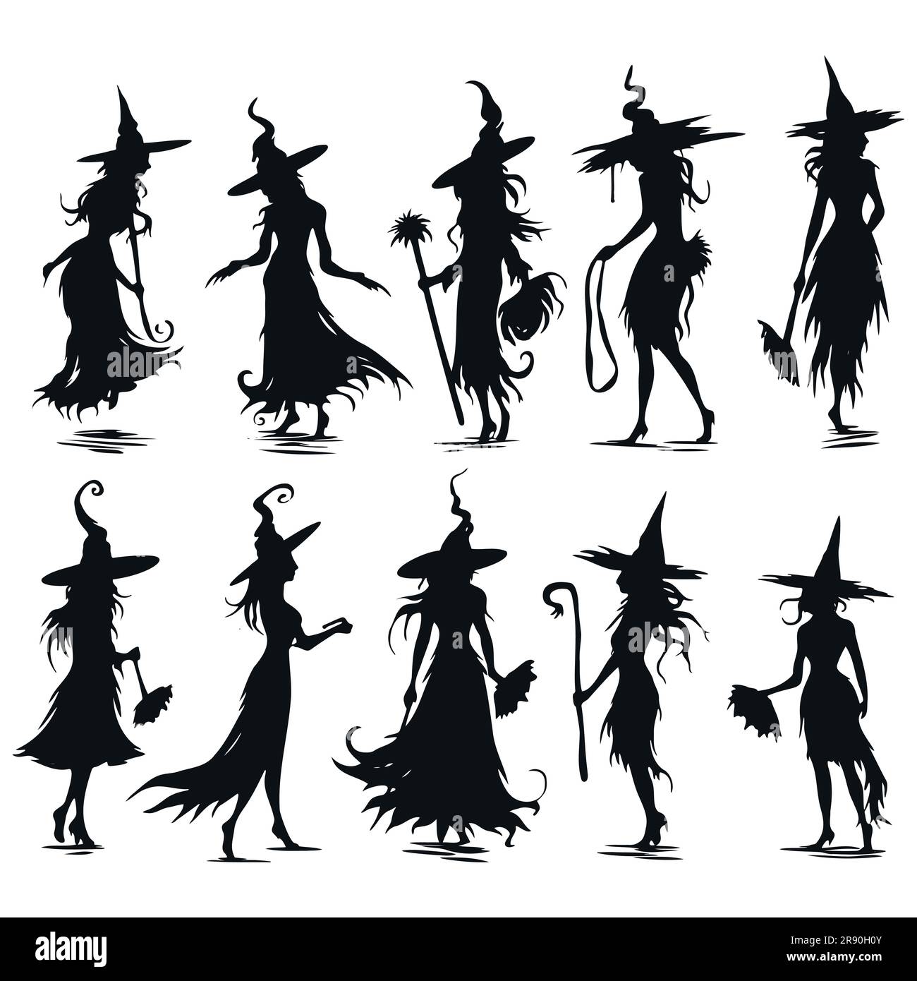 Vector illustrations of Halloweens witches silhouettes set Stock Vector ...