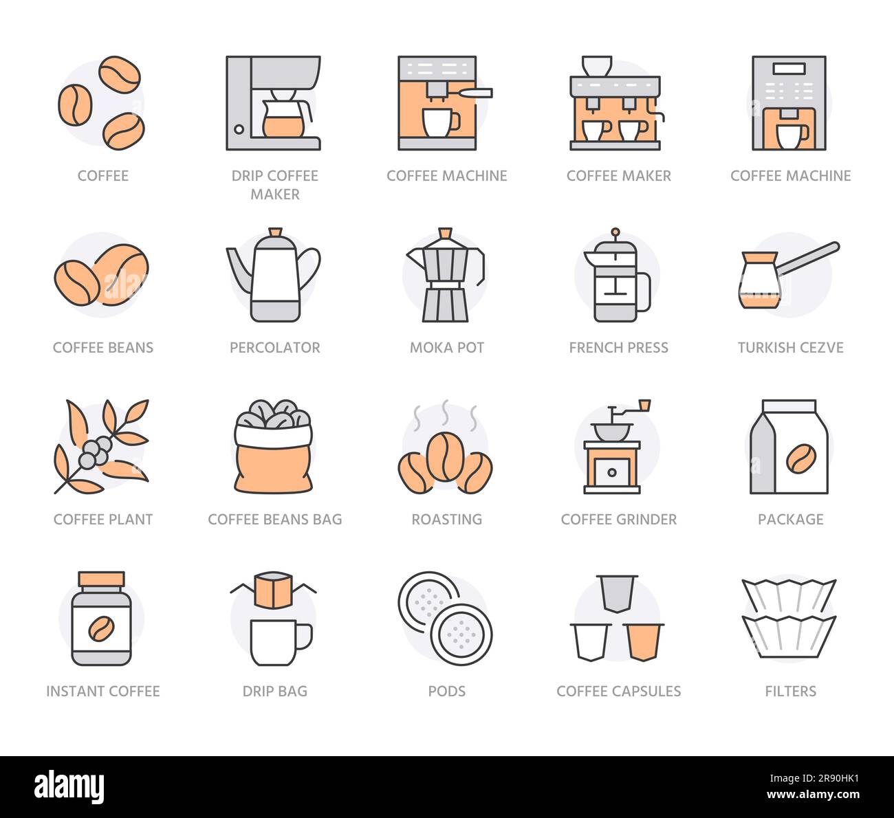 Coffee making line icon set. Drip bag, moka, pod, capsule, arabian, kettle, french press, bean ...