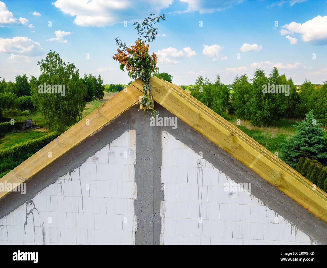 Aerial view on single family house finished roof wooden construction ...