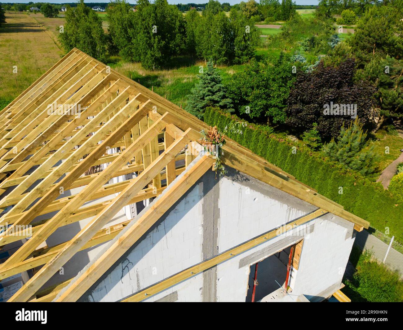 Aerial view on single family house finished roof wooden construction ...