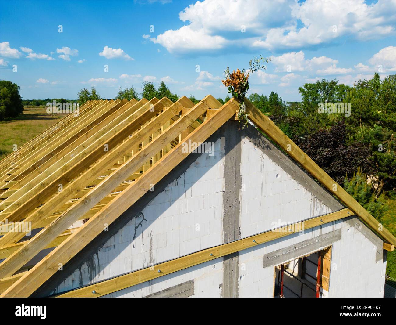 Aerial view on single family house finished roof wooden construction ...