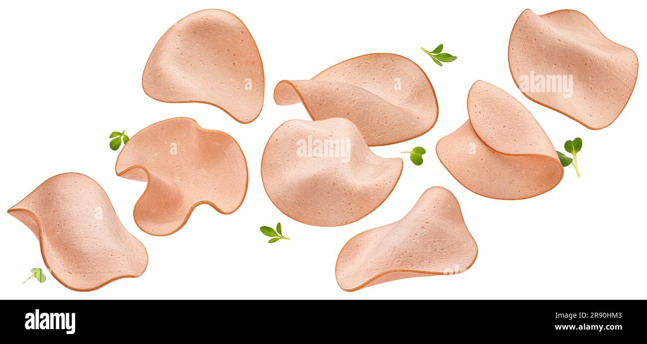 Falling sausage thin slices isolated on white background Stock Photo ...