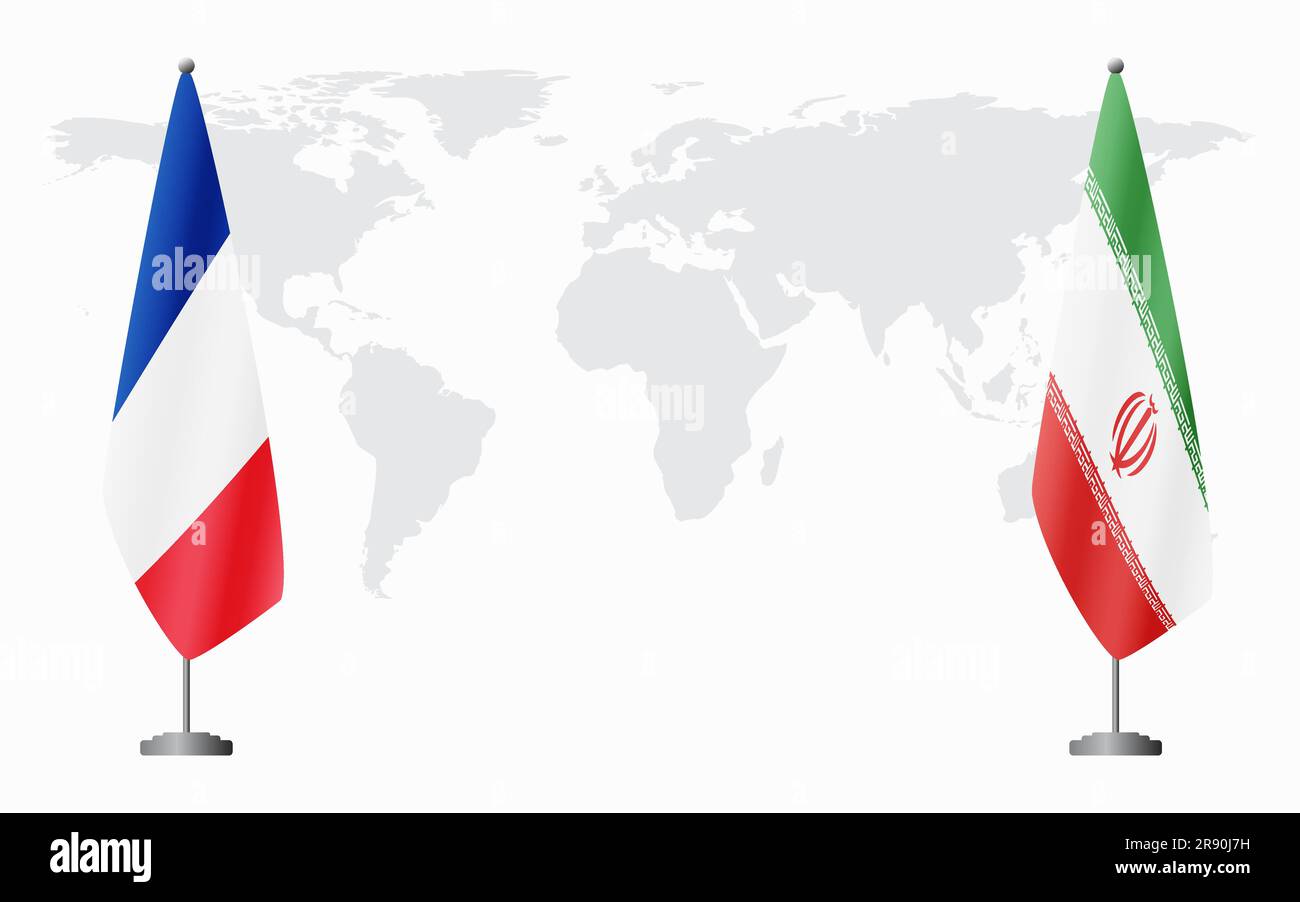 France and Iran flags for official meeting against background of world ...