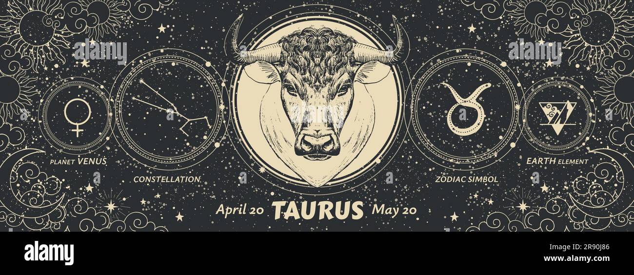 Taurus zodiac sign, vintage astrology graphic banner on mystical starry ...