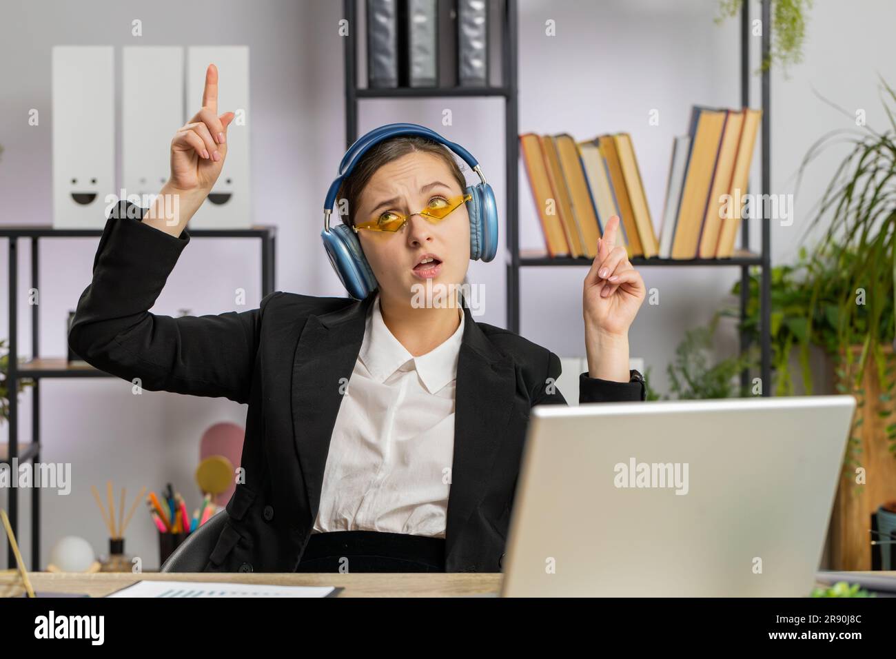 Happy relaxed overjoyed Caucasian business woman working on laptop ...