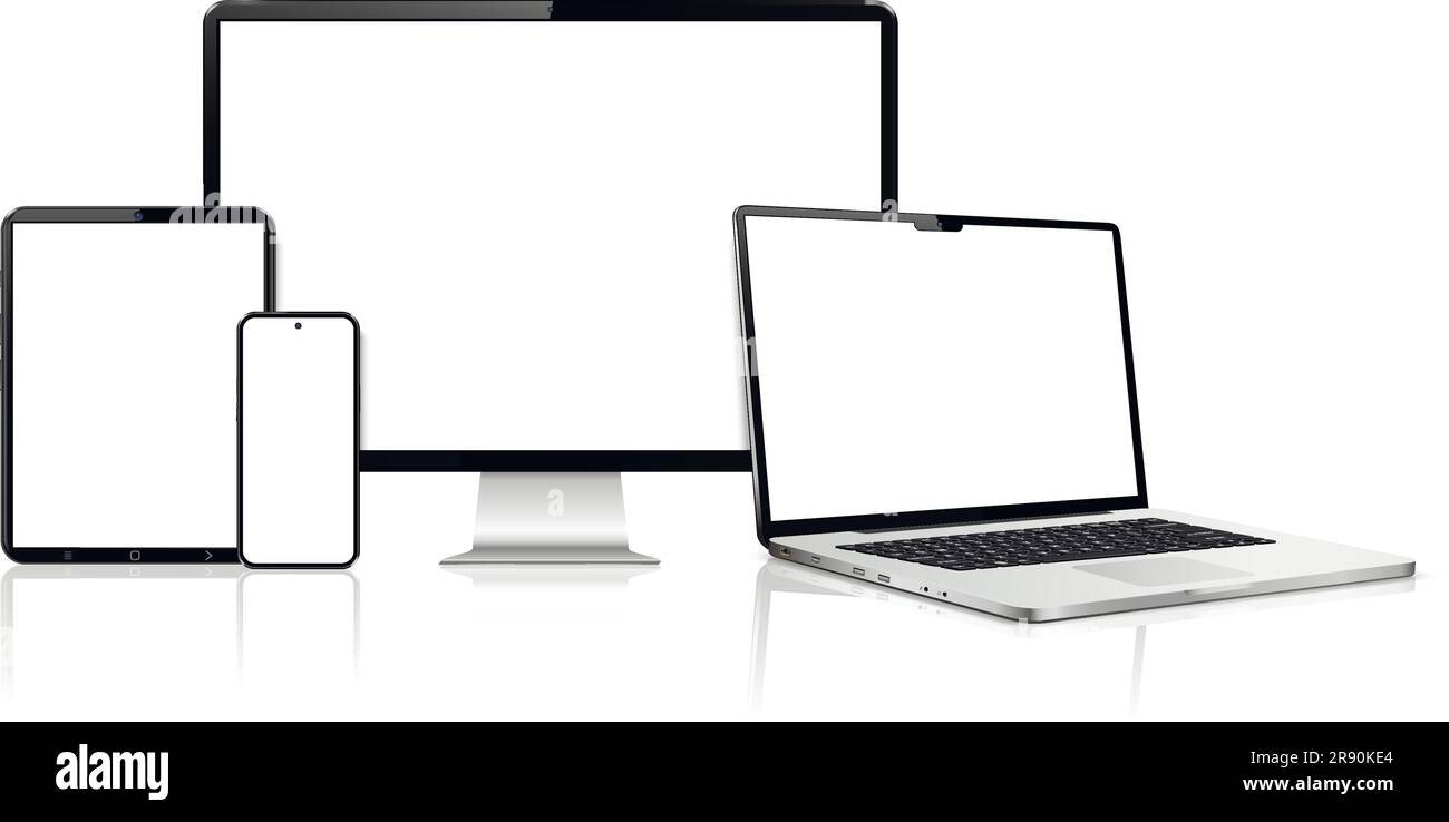 Realistic computer screen, laptop, tablet, phone. Flat lay detailed and ...