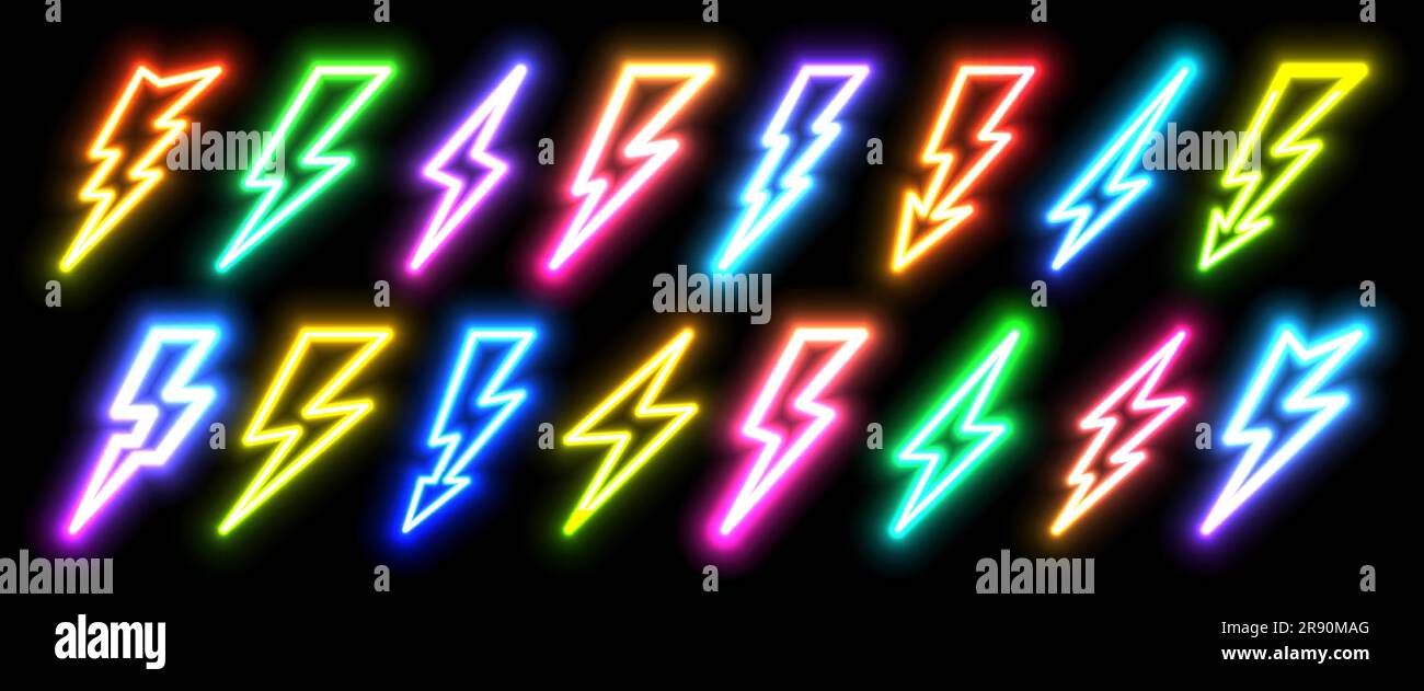Neon blazing lightning strike in darkness. Night club rainbow bright ...