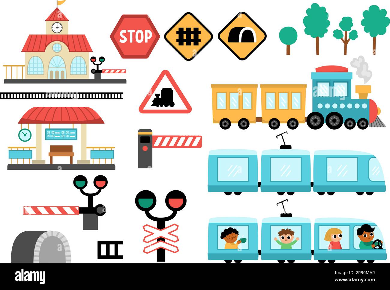 Vector railway transport set. Funny railroad transportation collection ...