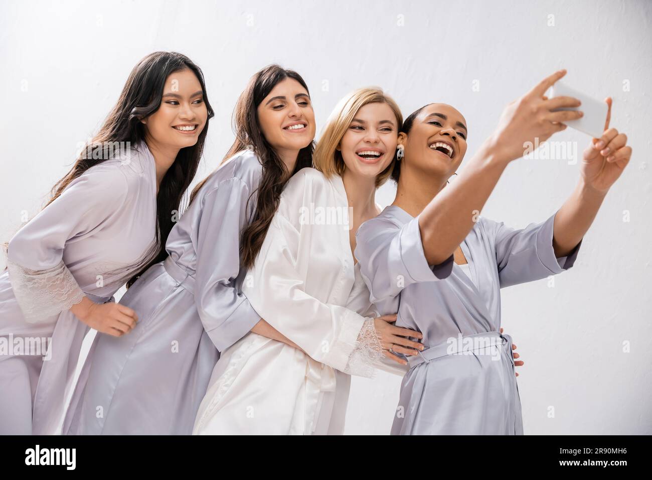 bridal shower, four women taking selfie, happy bride and bridesmaids in ...
