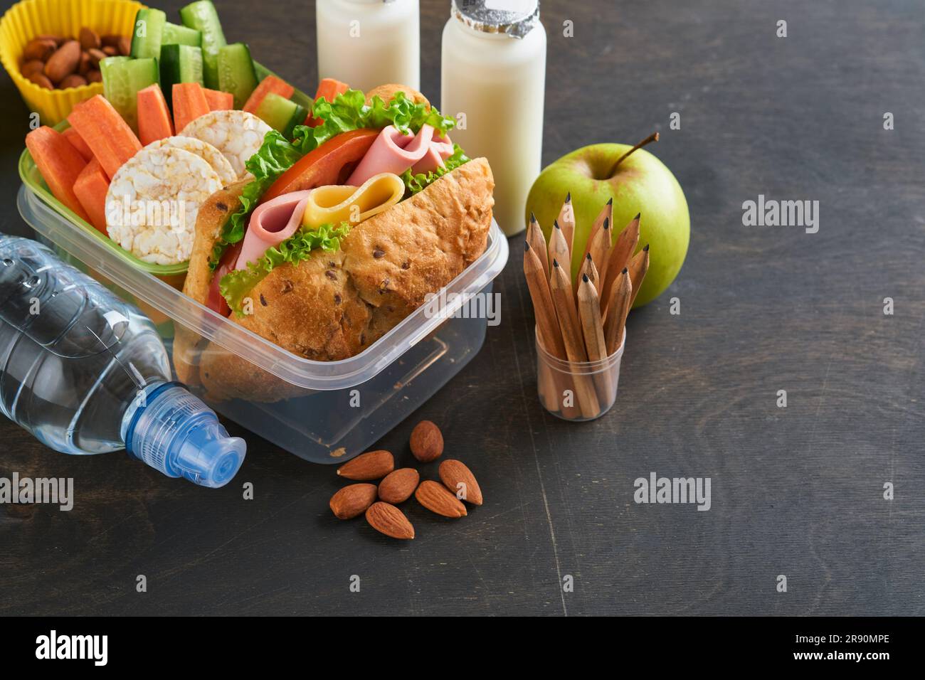Healthy food for school lunch concept. Healthy bread, meat sandwich ...