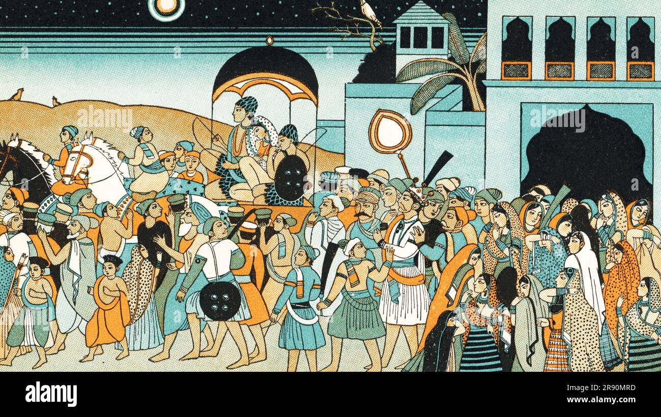 The departure of Rama. Rama heads into exile with his wife and brother ...