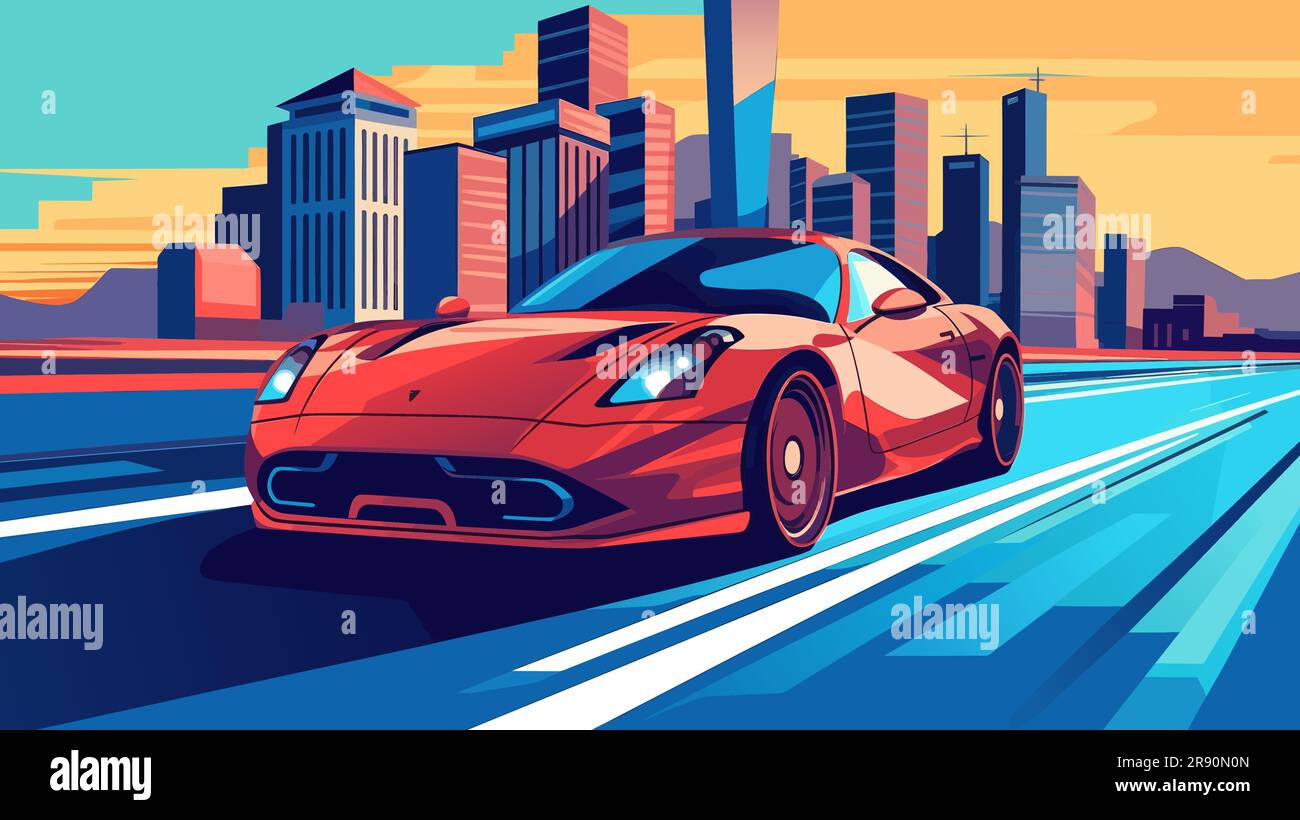 Red luxury sports car running at high speed on a downtown city road ...