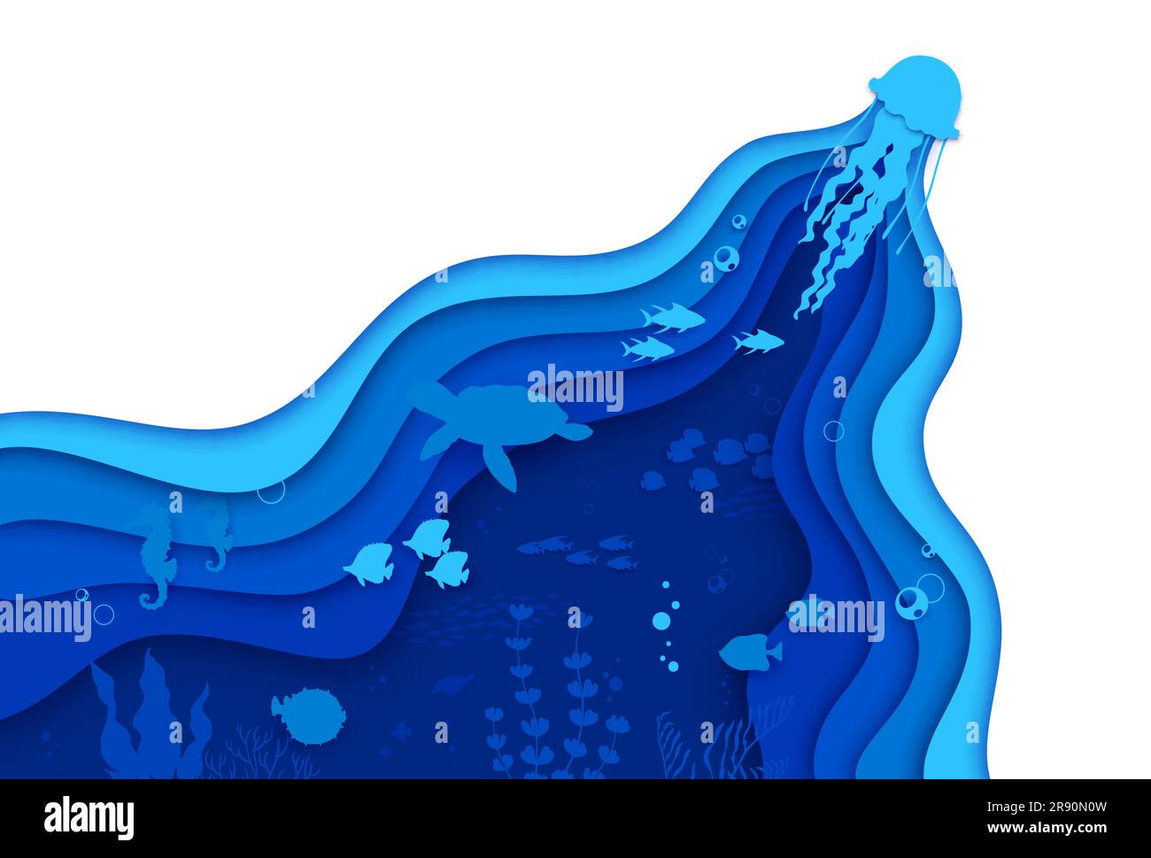 Sea paper cut jellyfish, turtle and fish shoals on ocean bottom. Vector ...