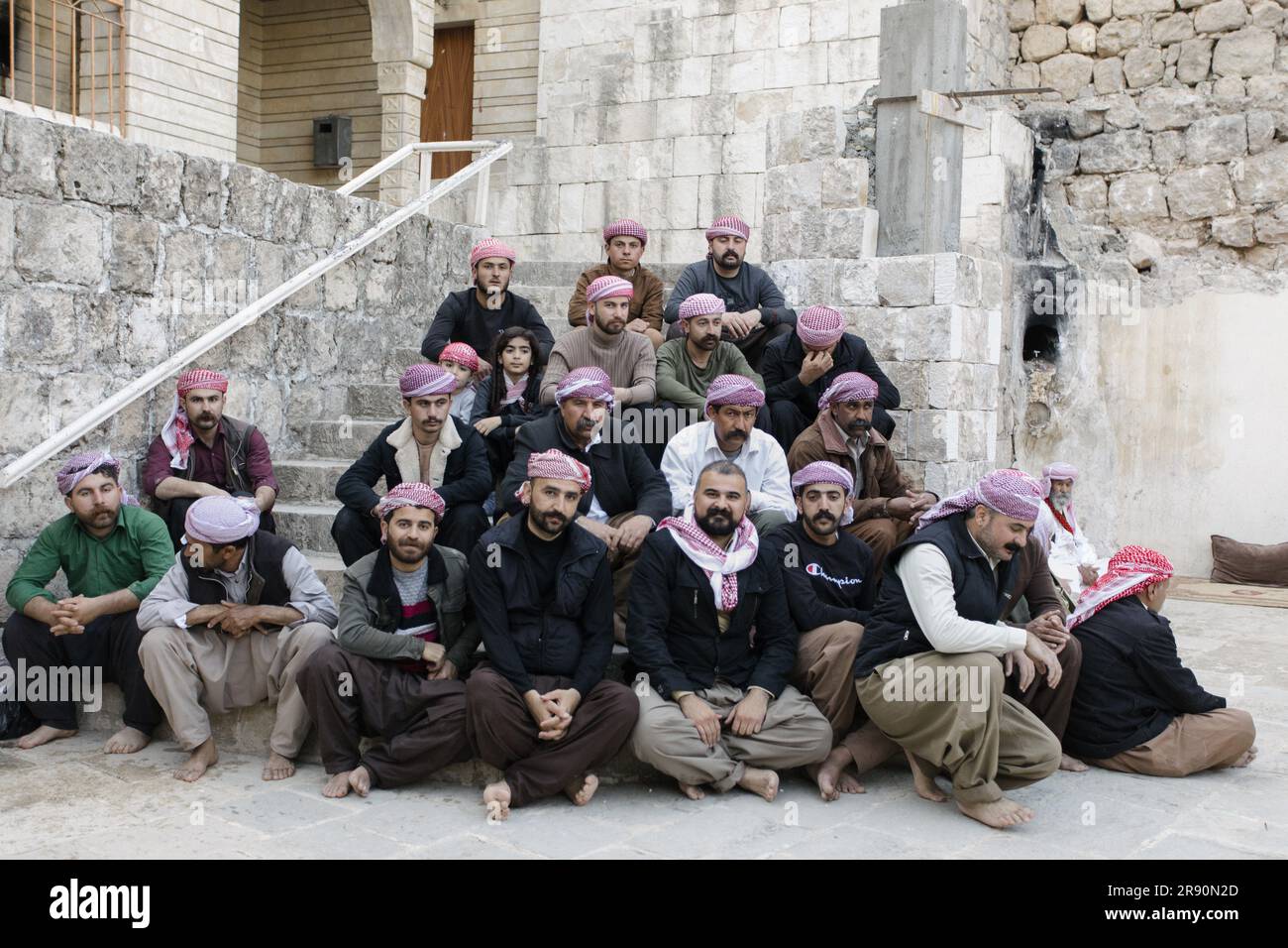 March 30, 2021, Iraq: A group of Yezidi men in the temple's central ...