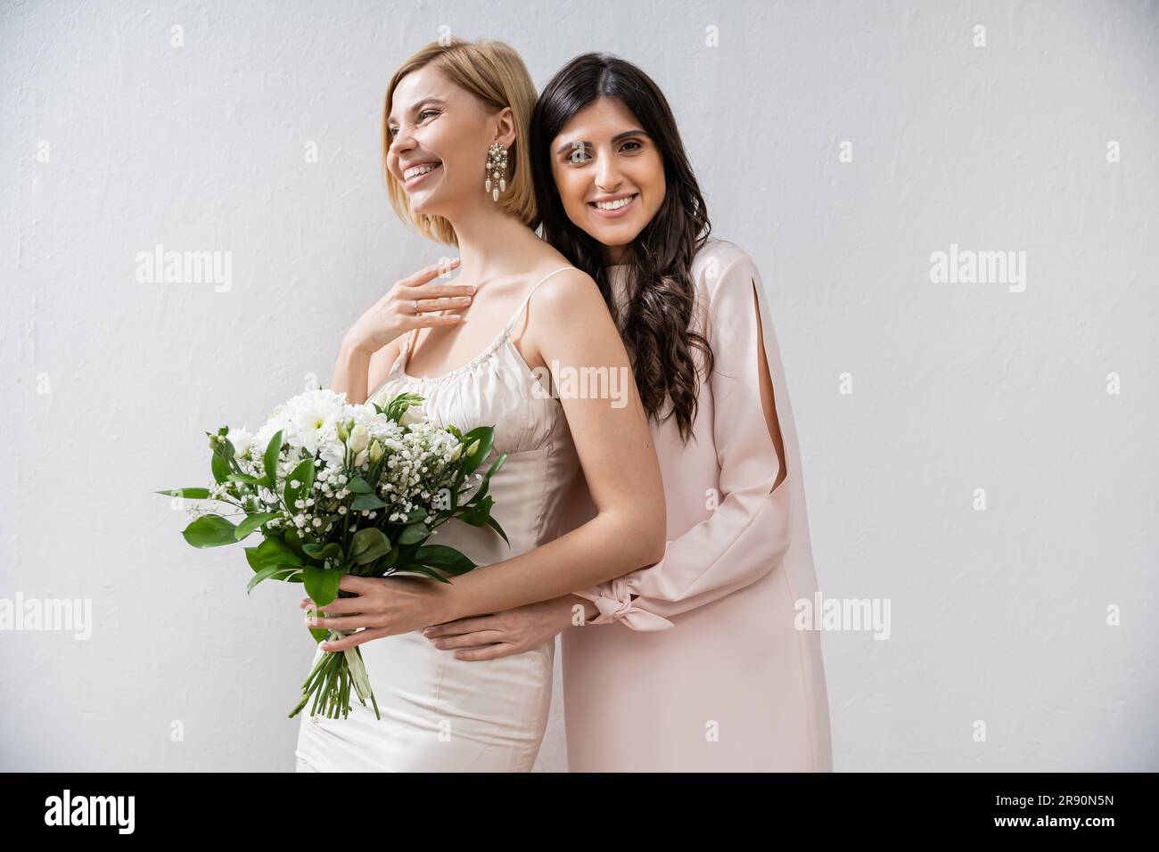 special occasion, bridesmaid hugging bride, friendship goals, grey ...