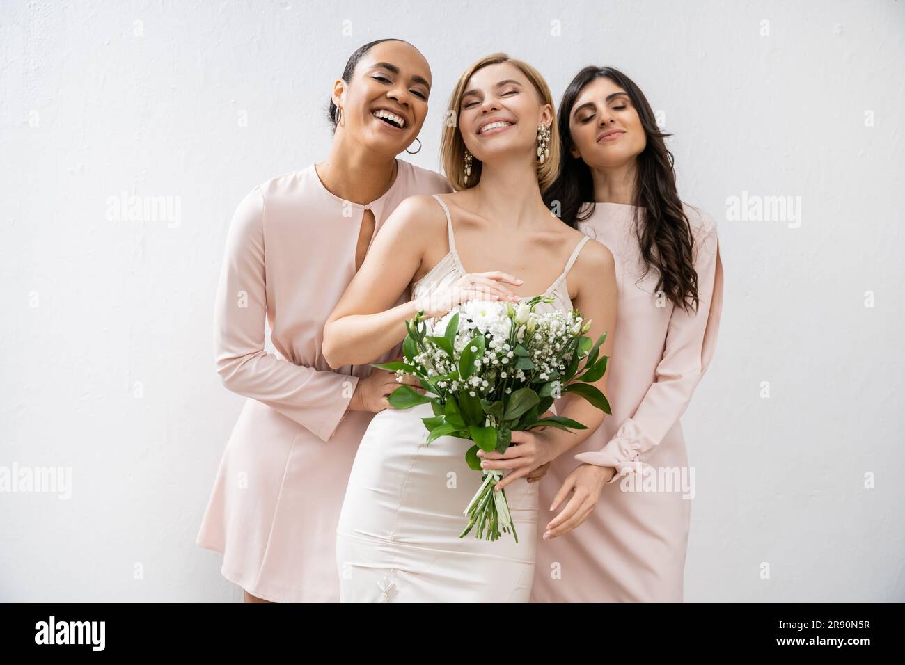 bridal party, special occasion, brunette and interracial bridesmaids ...