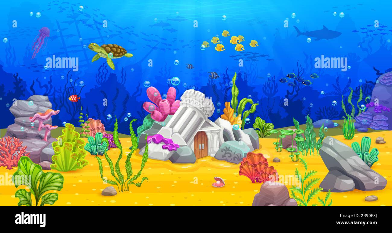 Game level, cartoon underwater landscape with temple ruins. Vector ...