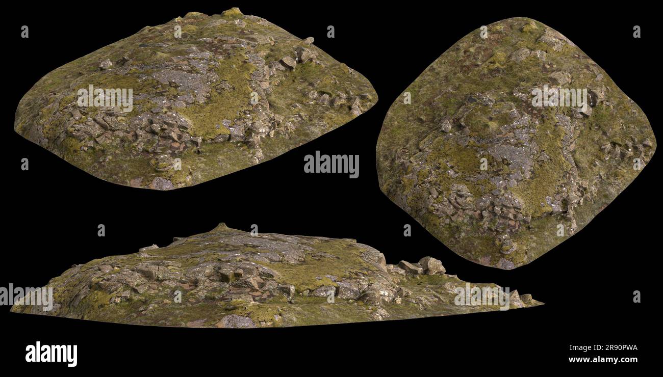 3d illustration of moss covered rocks, placed on moss shelf isolated on ...