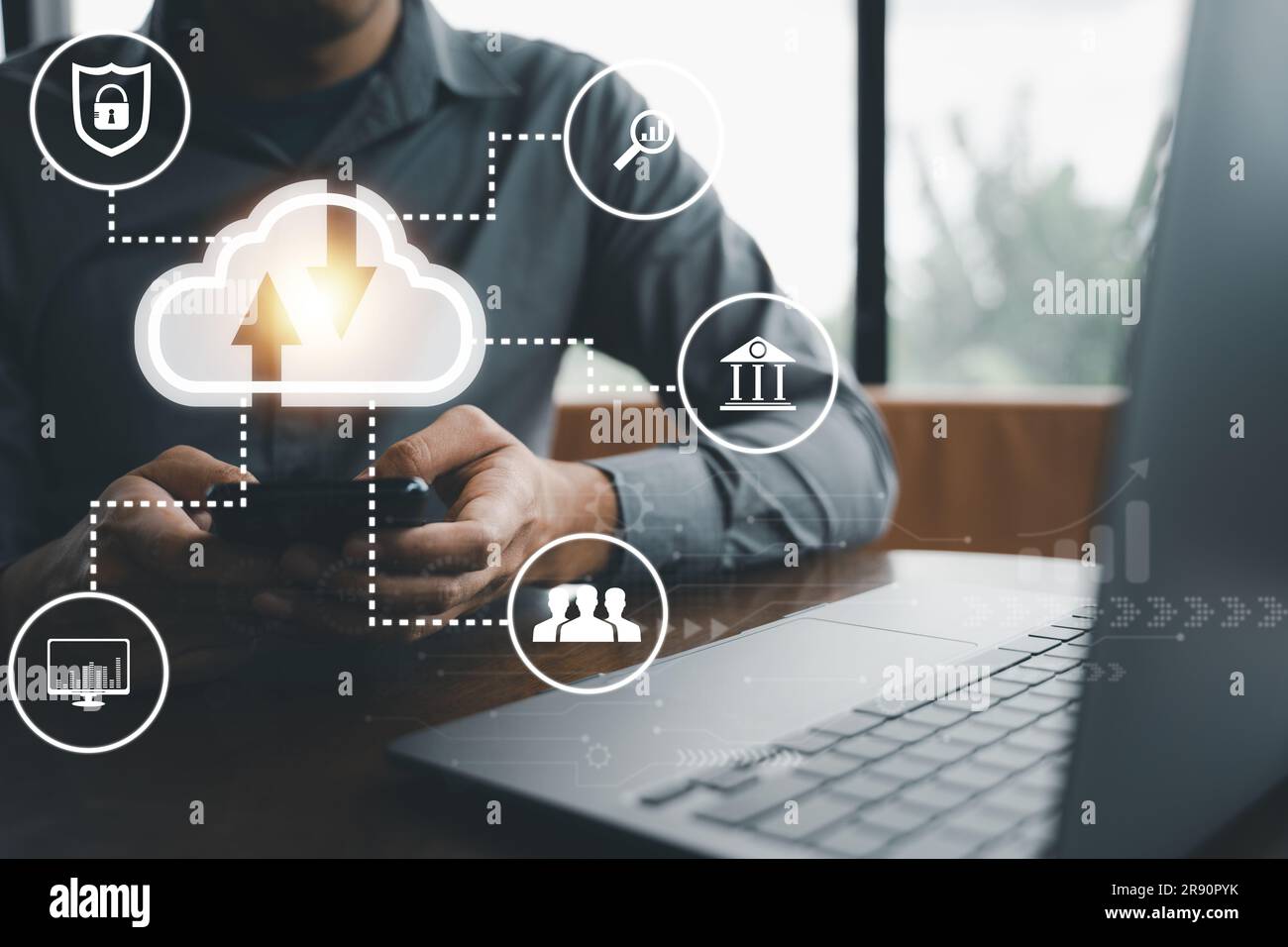 Virtual screen with cloud computing diagram displayed by a man Stock ...