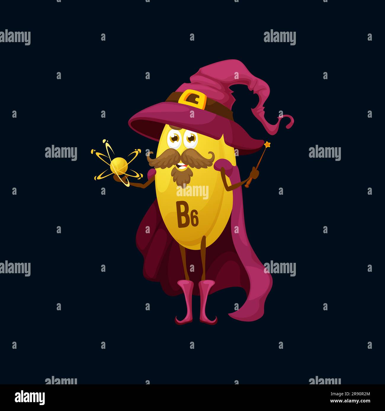 Cartoon funny vitamin B6 wizard character. Vector pyridoxine capsule ...