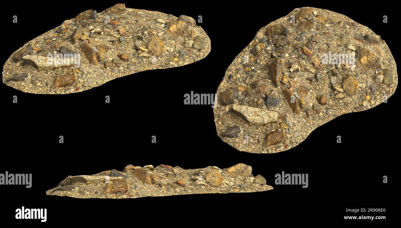 3d illustration of rocks on gravel shelf isolated on black background ...