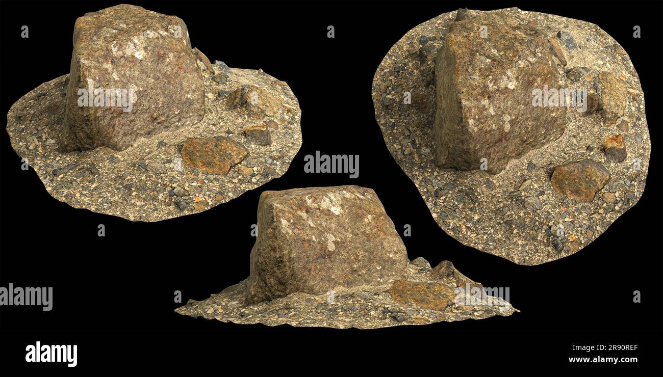 3d illustration of rocks on gravel shelf isolated on black background ...