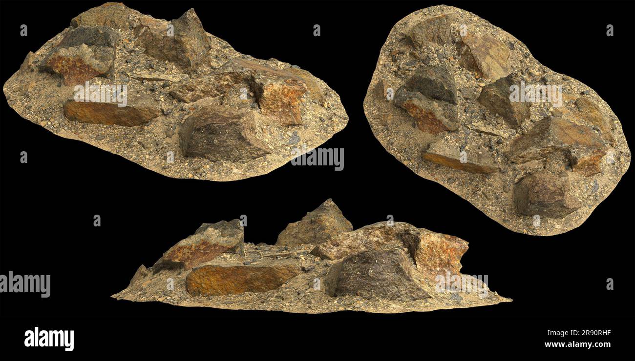 3d illustration of rocks on gravel shelf isolated on black background ...