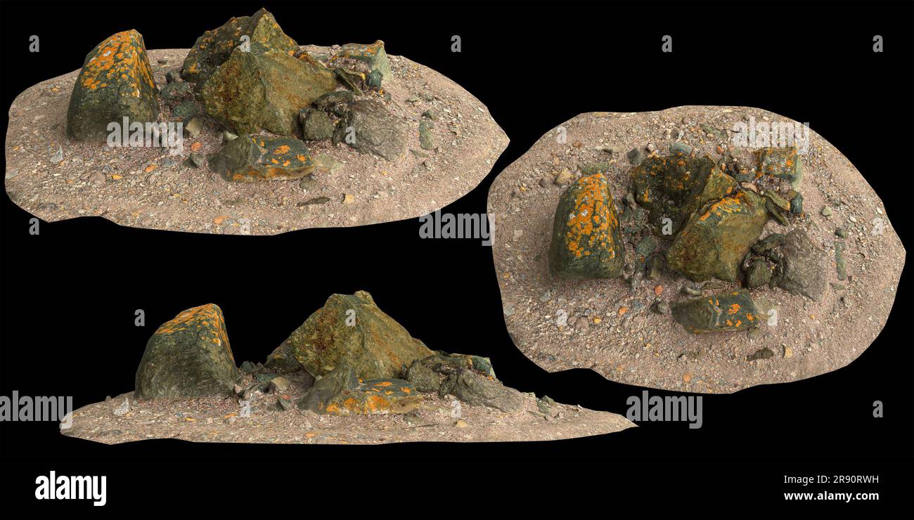 3d illustration of rocks on gravel shelf isolated on black background ...
