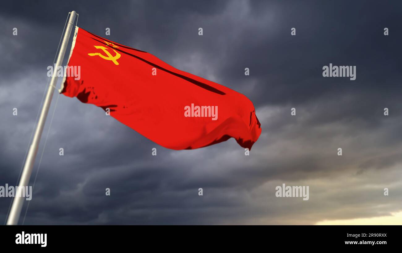 cute Soviet Union (USSR, SSSR) flag on heavy dark clouds bg - abstract ...