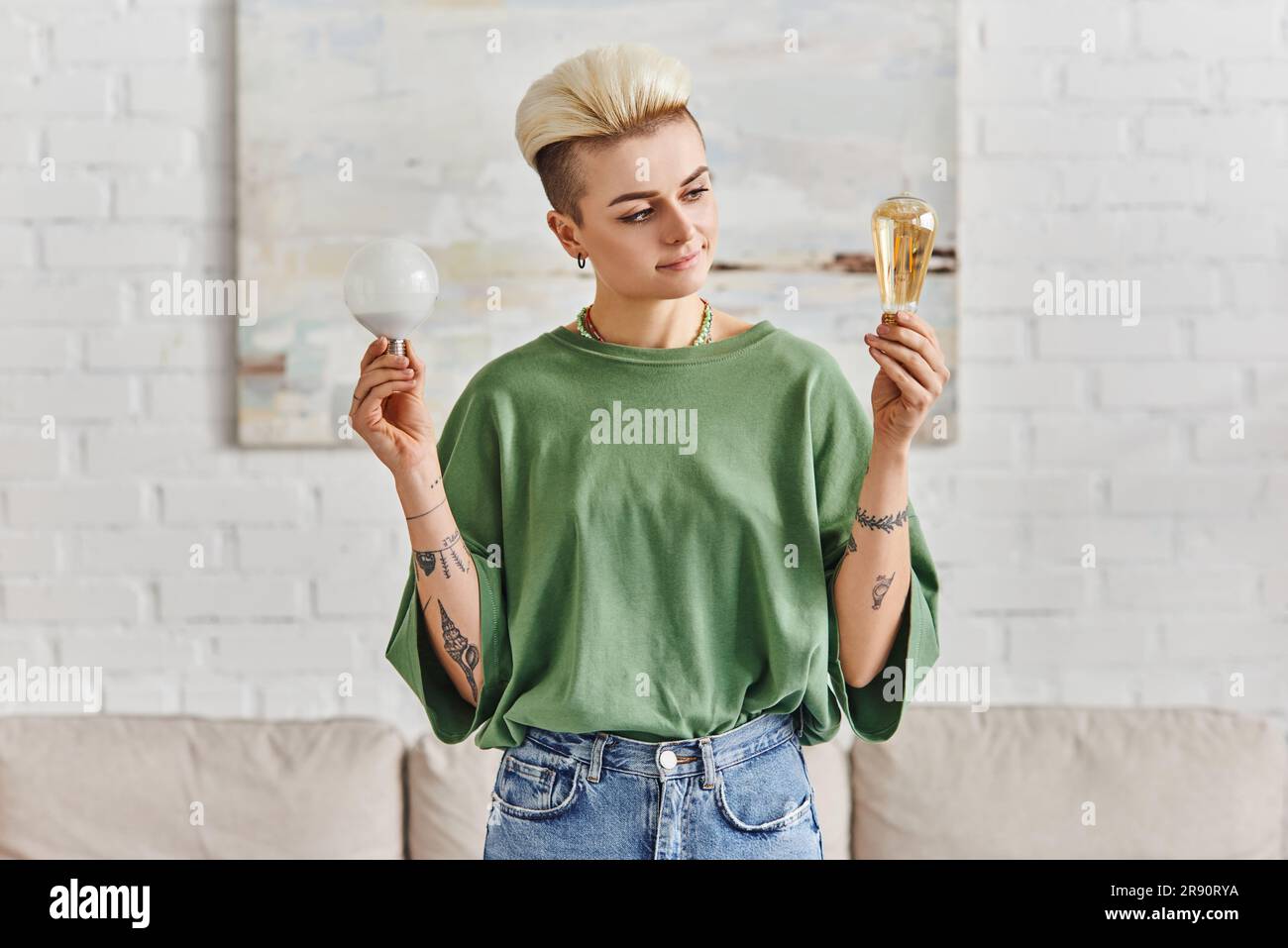 Stylish Tattooed Woman In Casual Clothes With Trendy Hairstyle