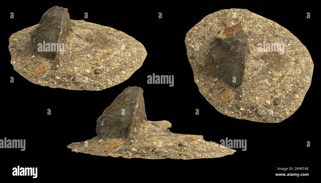 3d illustration of rocks on gravel shelf isolated on black background ...