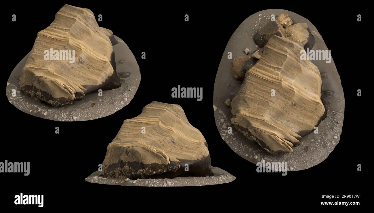3d illustration of rocks on sand shelf isolated on black background ...