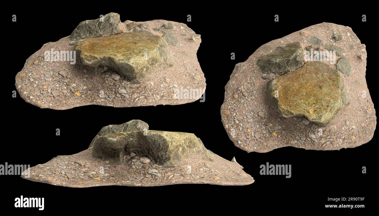 3d illustration of rocks on gravel shelf isolated on black background ...