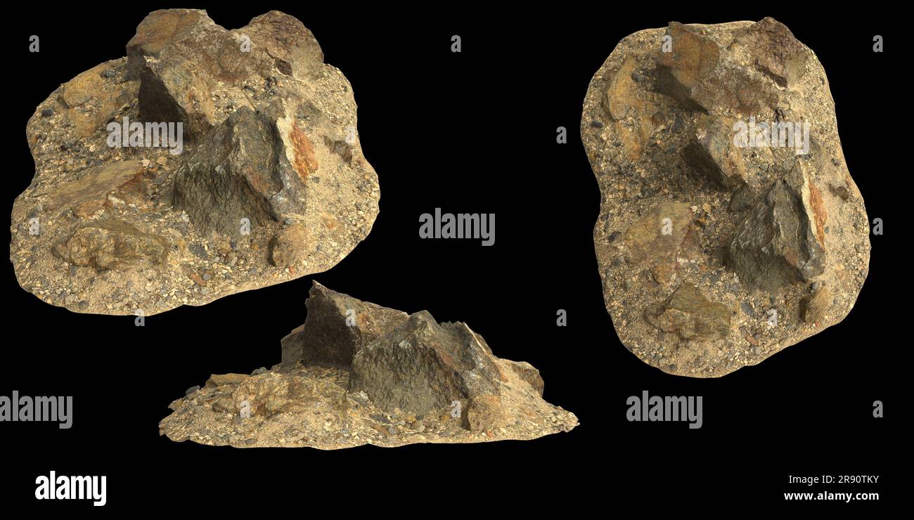 3d illustration of rocks on gravel shelf isolated on black background ...