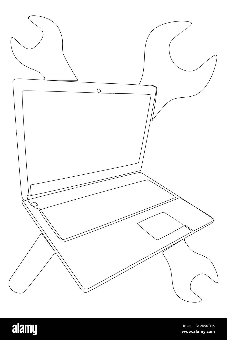 One continuous line of Laptop with Wrench. Thin Line Illustration ...