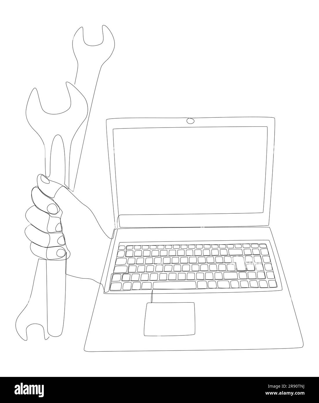 One Continuous Line Of Laptop With Wrench Thin Line Illustration Vector Concept Contour