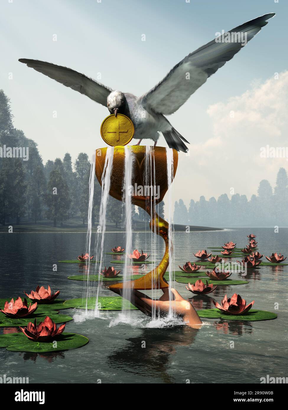 The Ace of Cups, a Tarot card. A hand emerges from lotus filled waters ...