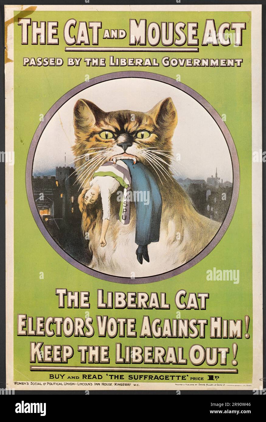 A vintage election campaign poster depicting a cat with a suffragette ...