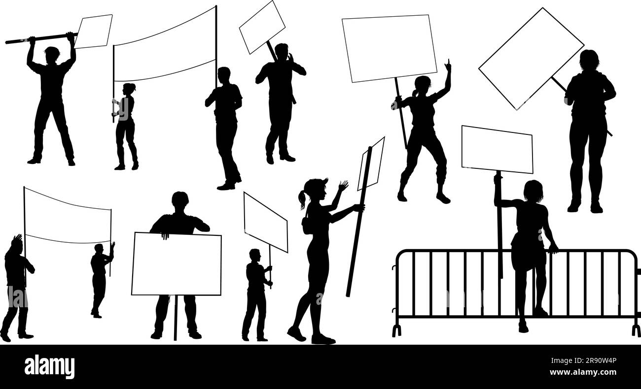 Protest Rally March Banner Sign Silhouette People Stock Vector Image ...