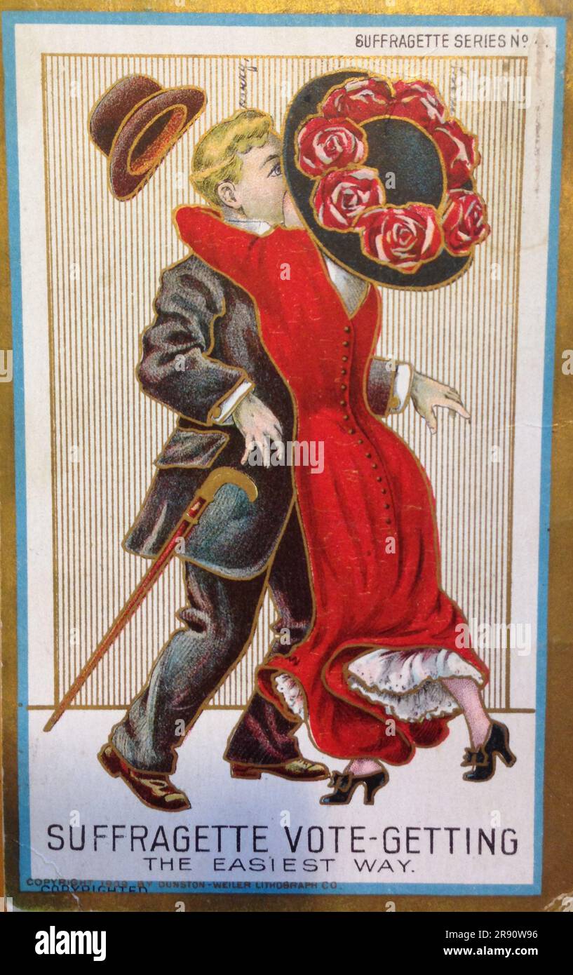 A vntage poster showing a woman kissing a man with the text Suffragette ...