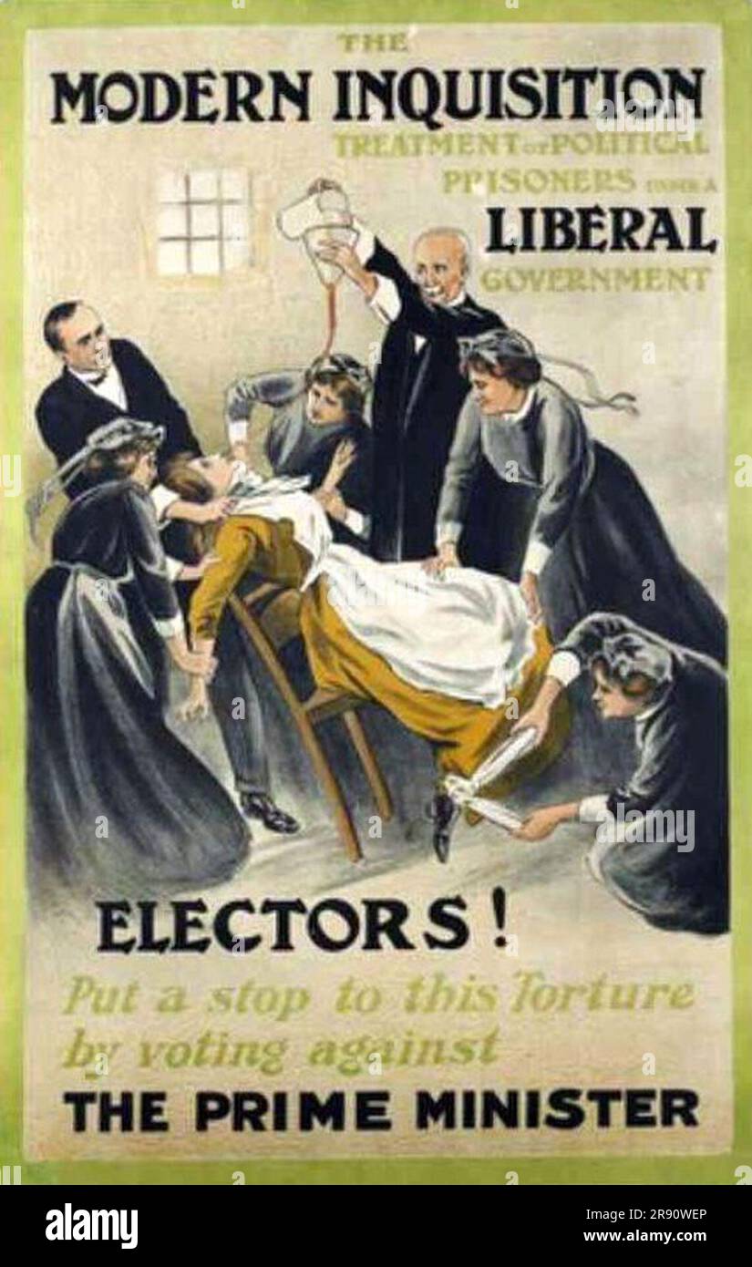 A 1910 poster by Alfred Pearce for the WSPU showing a suffragette being ...