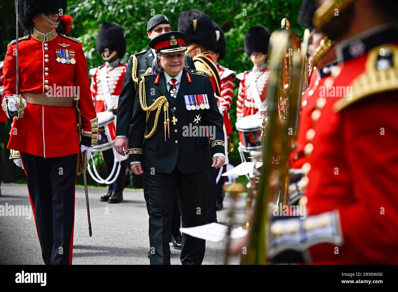 Ottawa, Can. 23rd June, 2023. Gov. Gen. Mary Simon conducts an inspection of the band of the ...