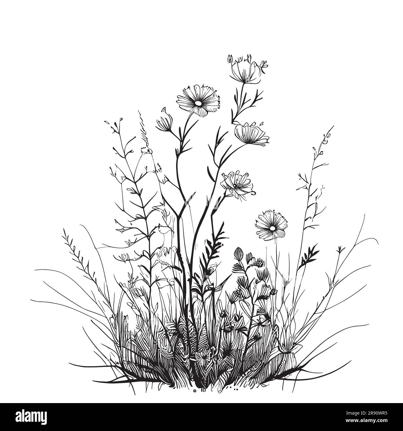 Field of wildflowers sketch , hand drawn in doodle style illustration ...