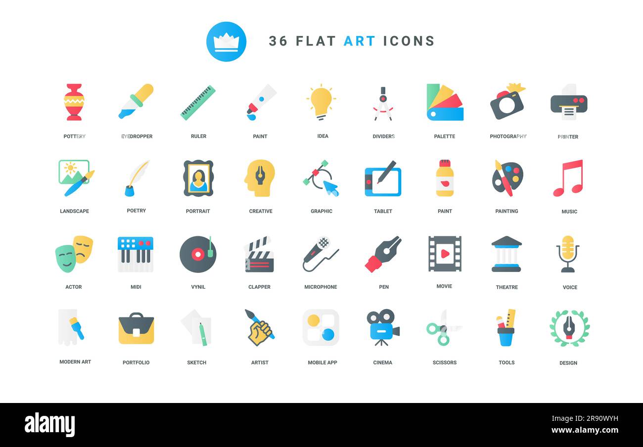 Trendy flat color icons set for art design. Abstract symbols of modern ...