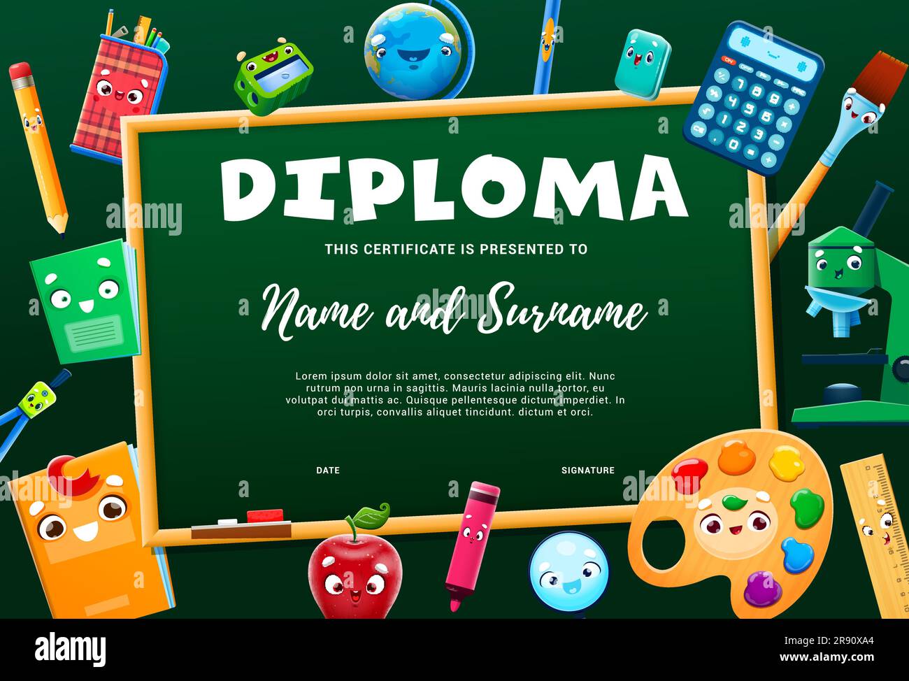 Kids diploma with cartoon school supply characters, vector certificate ...